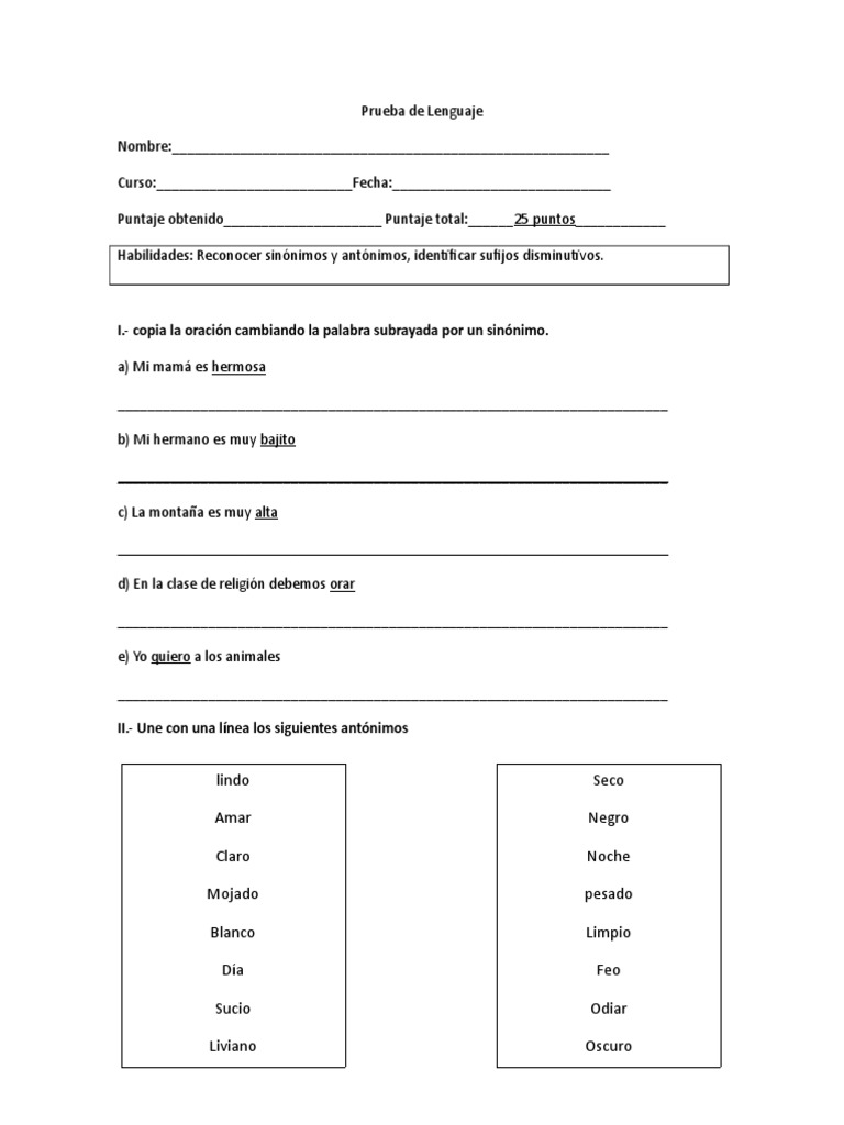 Prueba de Lenguaje Sinonios y Antonimos | PDF