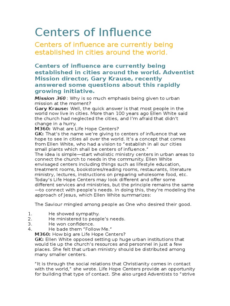 Centers of Influence | PDF | Seventh Day Adventist Church | Jesus