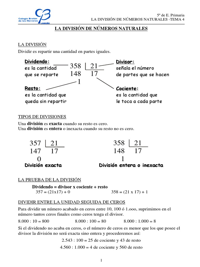 Tema 4 Division de Numeros Naturales PDF | PDF | División (Matemáticas ...