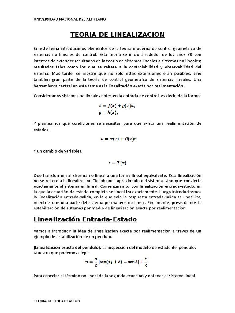 Teoria de Linealizacion para Control | PDF | Linealidad | Sistema de ...