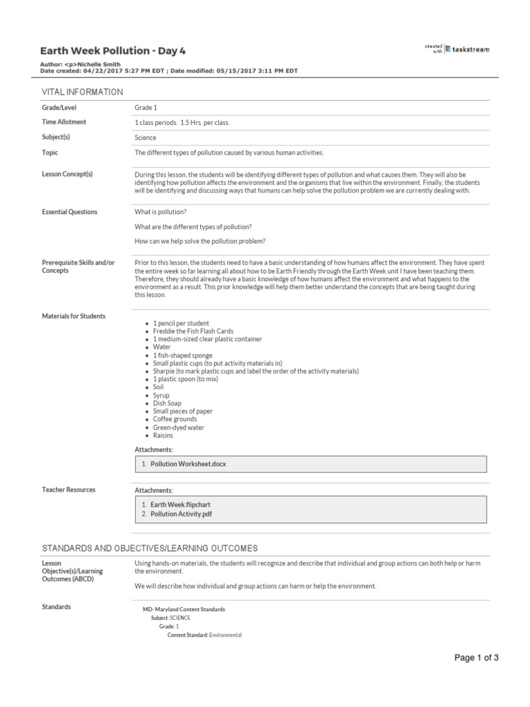 Pollution Types for Grade 1 Lesson | PDF | Differentiated Instruction ...