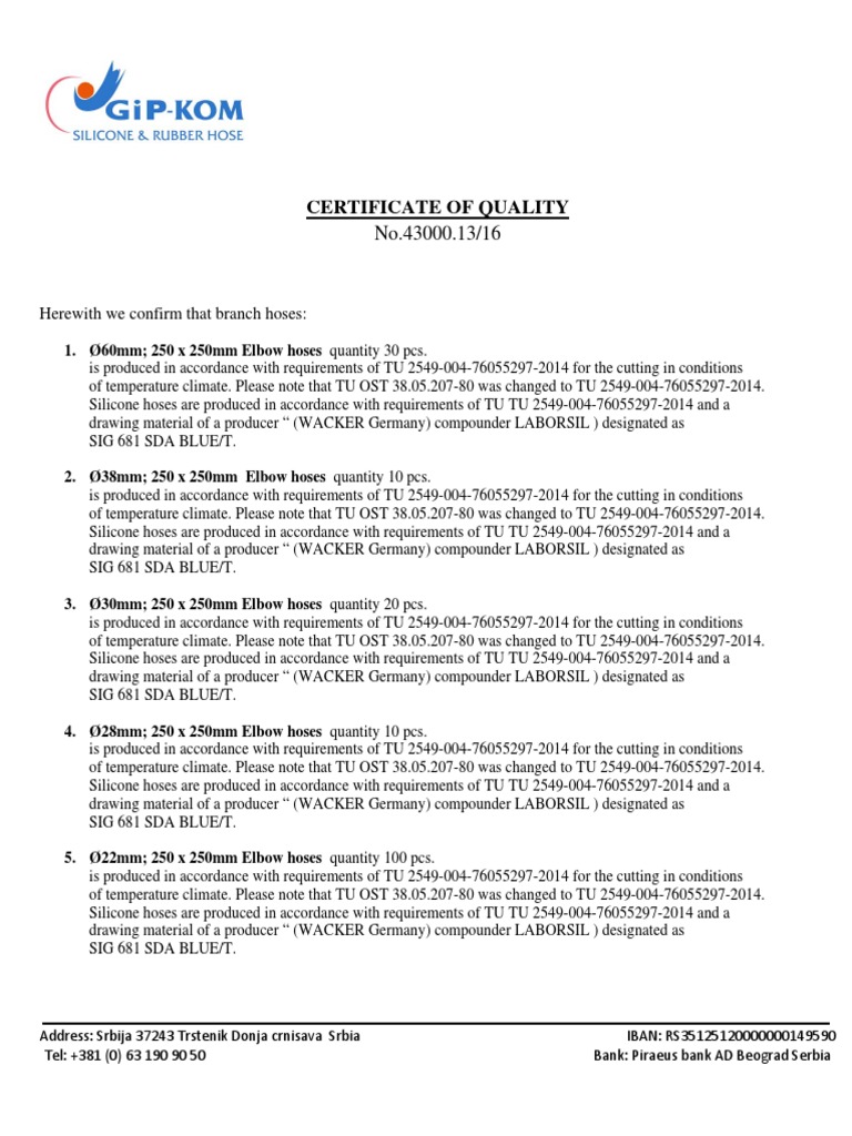 Certificate of Quality | PDF | Chemistry | Building Engineering