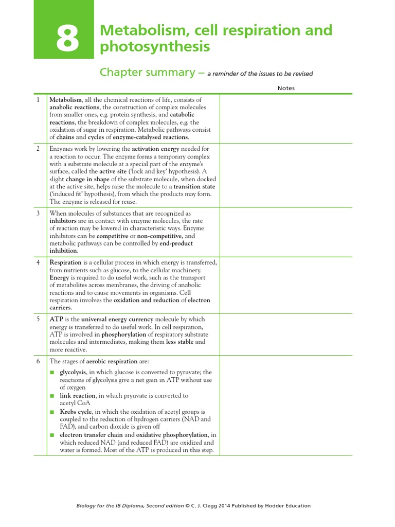 Biology For The IB Diploma Chapter 8 Summary | PDF | Redox | Metabolism