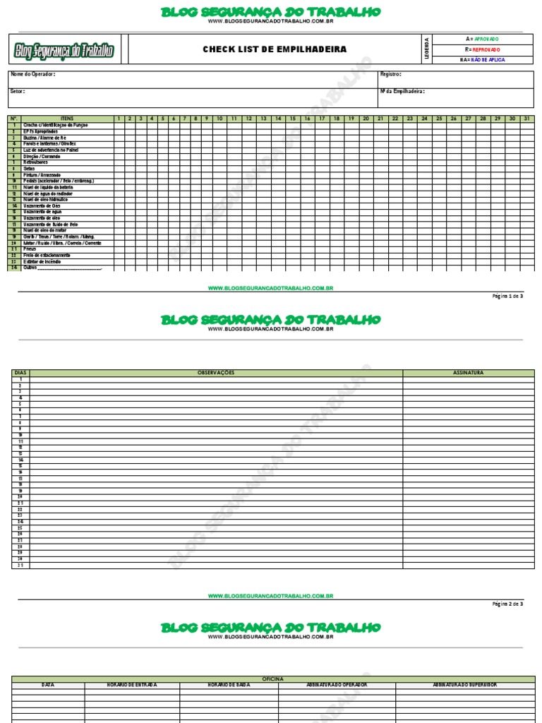 Modelo - Check List Empilhadeira mensal - Blog Segurança do Trabalho ...
