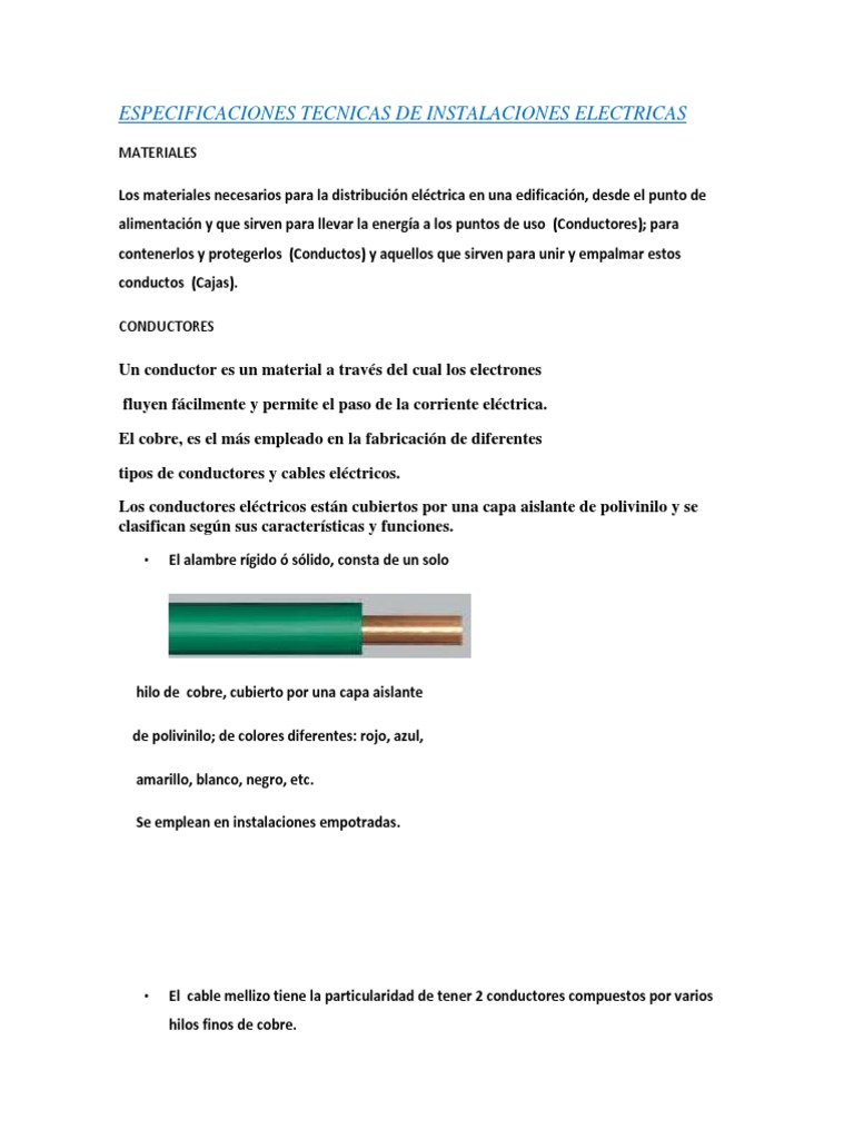Especificaciones Tecnicas de Instalaciones Electricas | PDF | Cableado eléctrico | Cobre