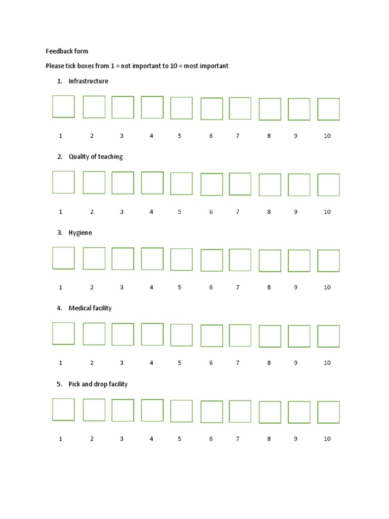 Feedback Form Please Tick Boxes From 1 Not Important To 10 Most ...