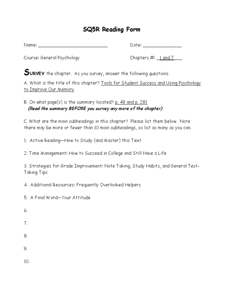 Sq5r Reading Form Example | PDF | Test (Assessment) | Memory