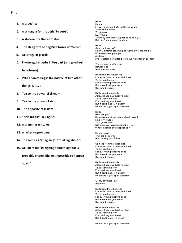 Song Activity - Hello - Adele - by Lodoil | PDF | Morphology | Semiotics