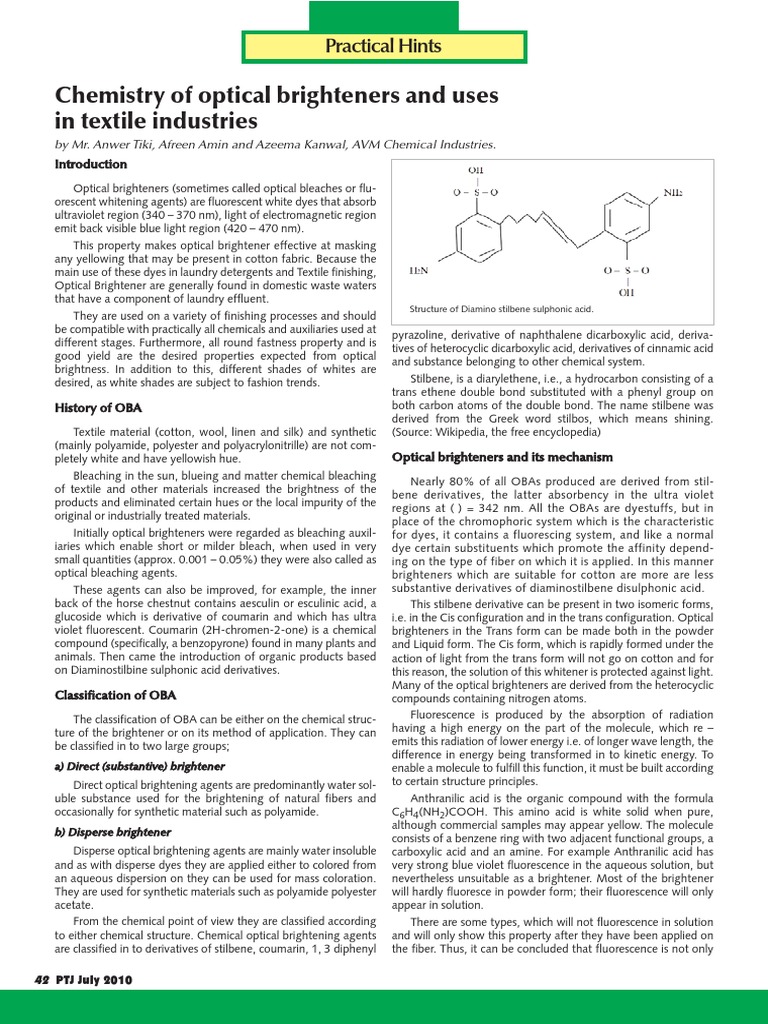 Chemistry of Optical Brighteners and Uses PDF | PDF | Fluorescence | Ultraviolet