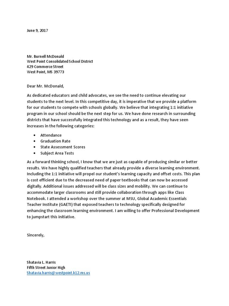 1to1 Implementation Letter | PDF