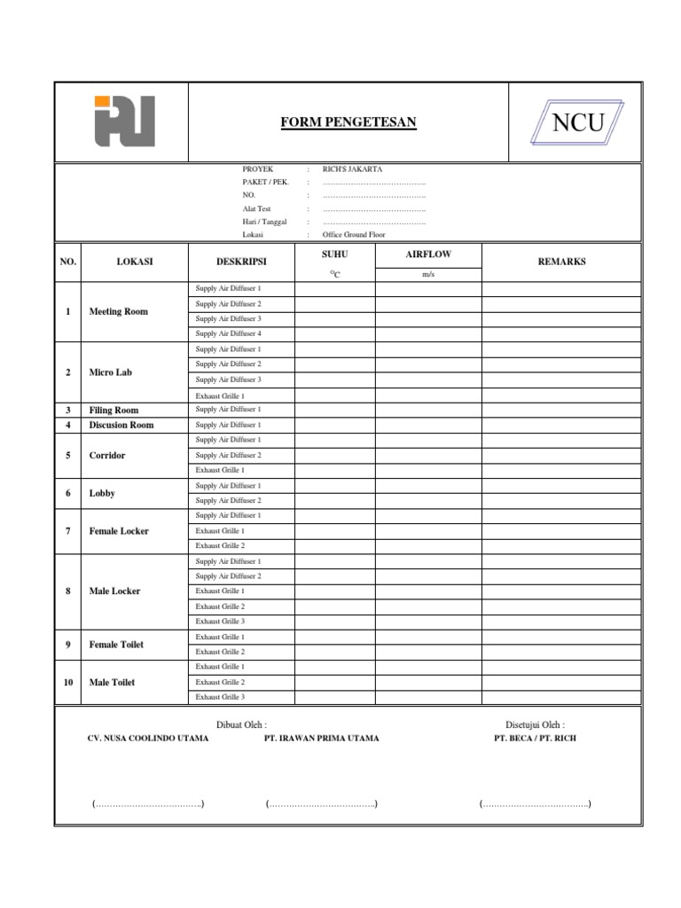 Form Pengetesan: Remarks NO. Lokasi Deskripsi Suhu Airflow | PDF