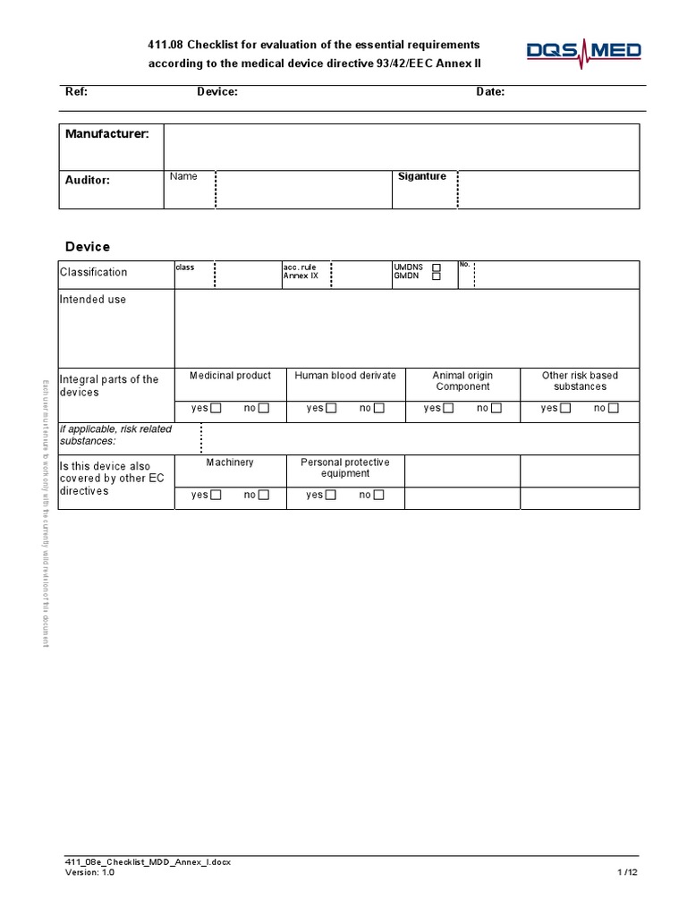 411 08e Checklist MDD Annex I | PDF | Medical Device | Safety