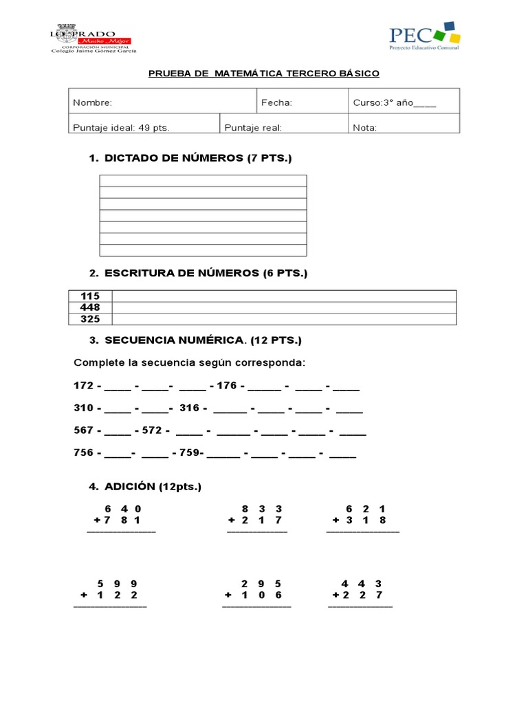 Prueba de Matematica Tercero Basico | PDF