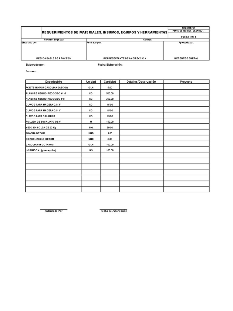 Formato Para Requerimiento de Materiales, Insumos, Equipos y Herramientas
