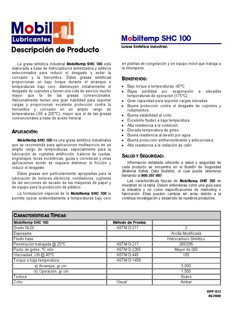 Mobiltemp SHC 100 | PDF | Lubricante | Materiales