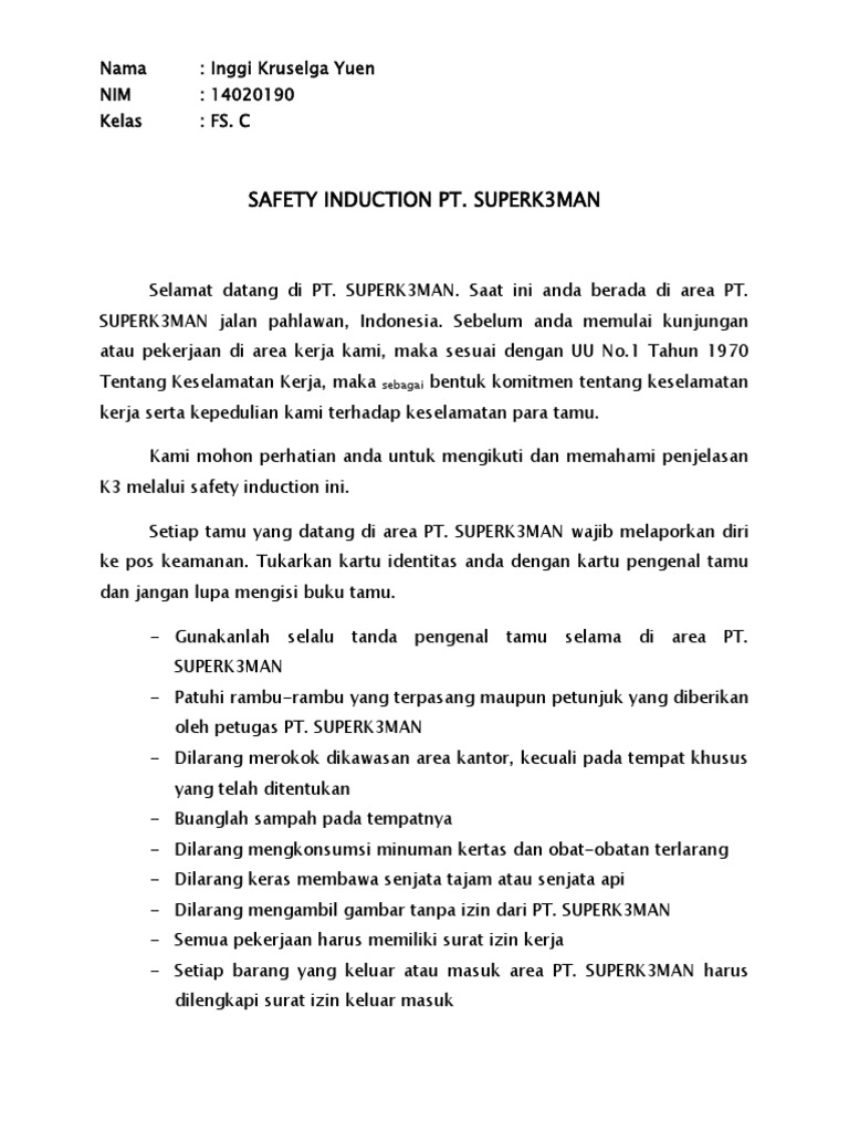 Panduan Safety Induction PT. SUPERK3MAN | PDF