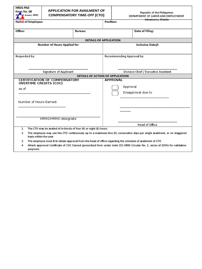 Hrds-Pad Form No. 8 - Compensatory Time-Off (Cto) Forms | PDF ...