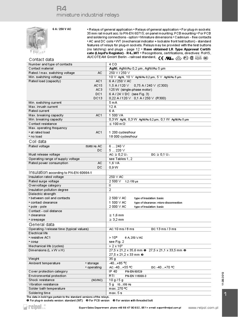 Relpol R4 Miniature Relays | PDF | Relay | Insulator (Electricity)