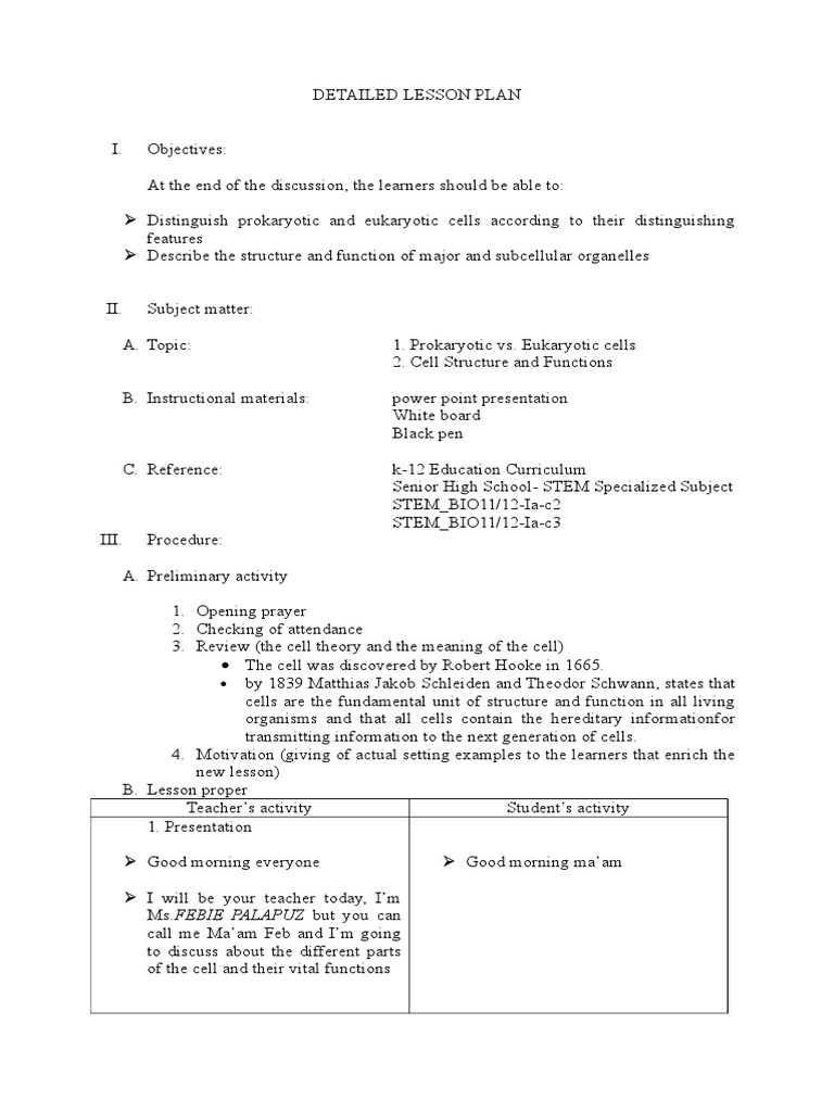 Detailed Lesson Plan | PDF | Eukaryotes | Cell (Biology)