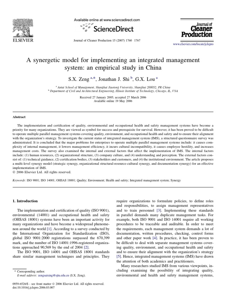 A Synergetic Model For Implementing An Integrated Management System: An ...