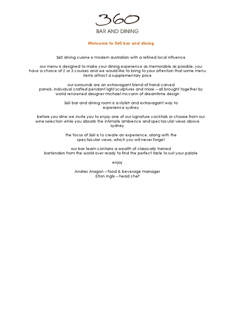 360 Bar & Dining: Modern Australian Cuisine | PDF | Menu | Pickling