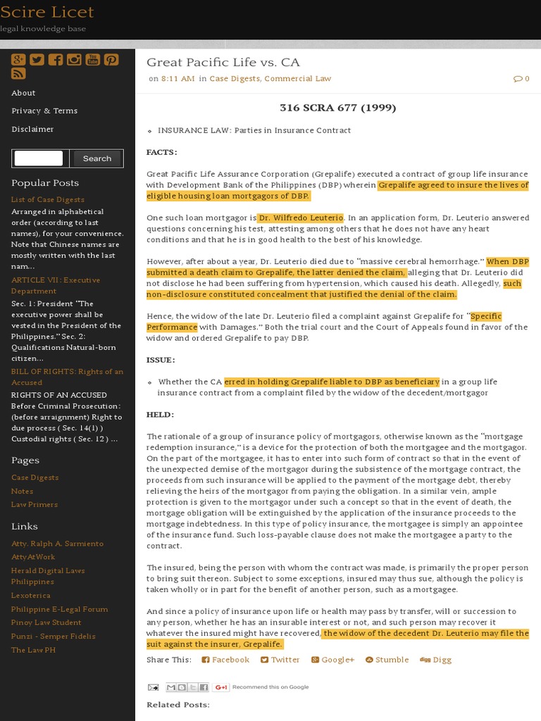 Great Pacific Life vs. CA Scire Licet | PDF | Mortgage Law | Insurance