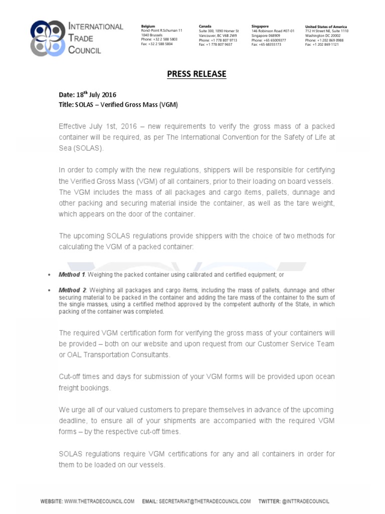 SOLAS - Verified Gross Mass (VGM) | PDF | Cargo | Commercial Item ...