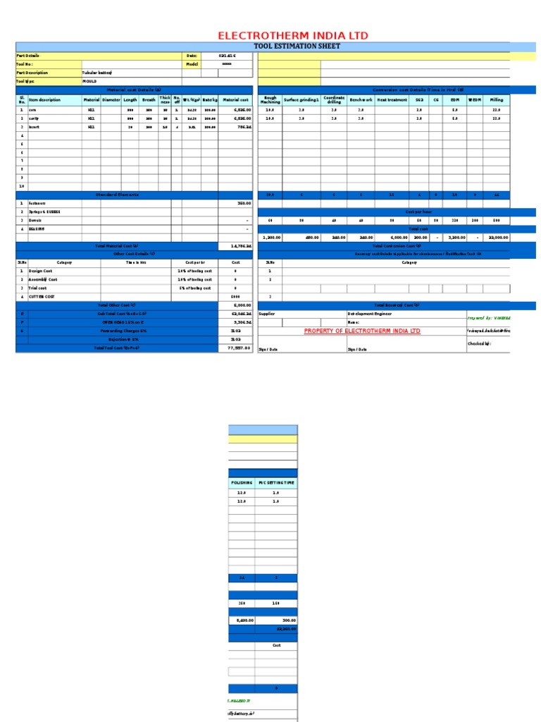 Tool Estimation Sheet - Vinayak | PDF | Metalworking | Industries