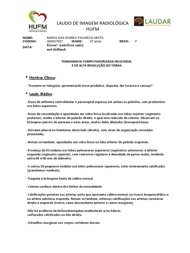 Laudo Tórax Maria Das Dores Pacheco Mota | PDF | Tórax (anatomia humana) | Pulmão