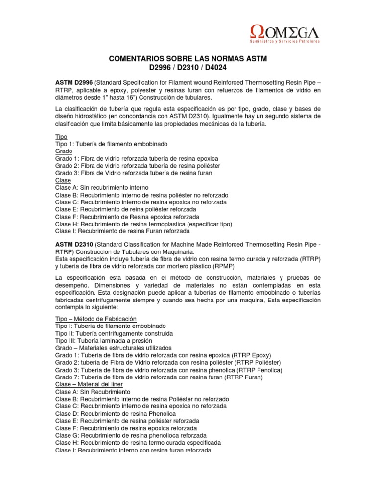 Comentarios Normas ASTM D2996 - D2310 - D4024 | PDF | Tubería (transporte de fluidos) | Epoxy