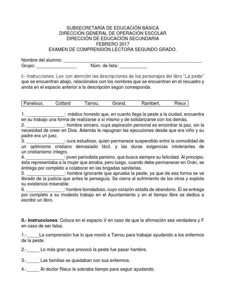 Evaluacion Lectora La Peste | PDF | Educación avanzada | Religión y ...