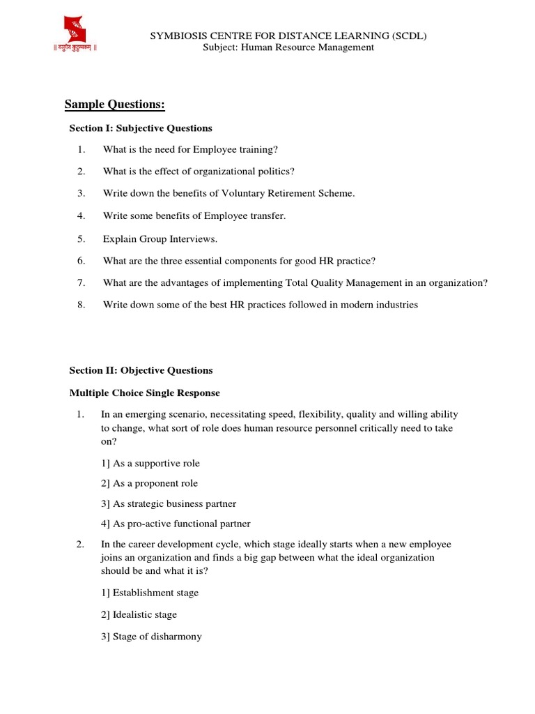 SCDL HRM Sample Question Paper | PDF | Performance Appraisal | Human ...
