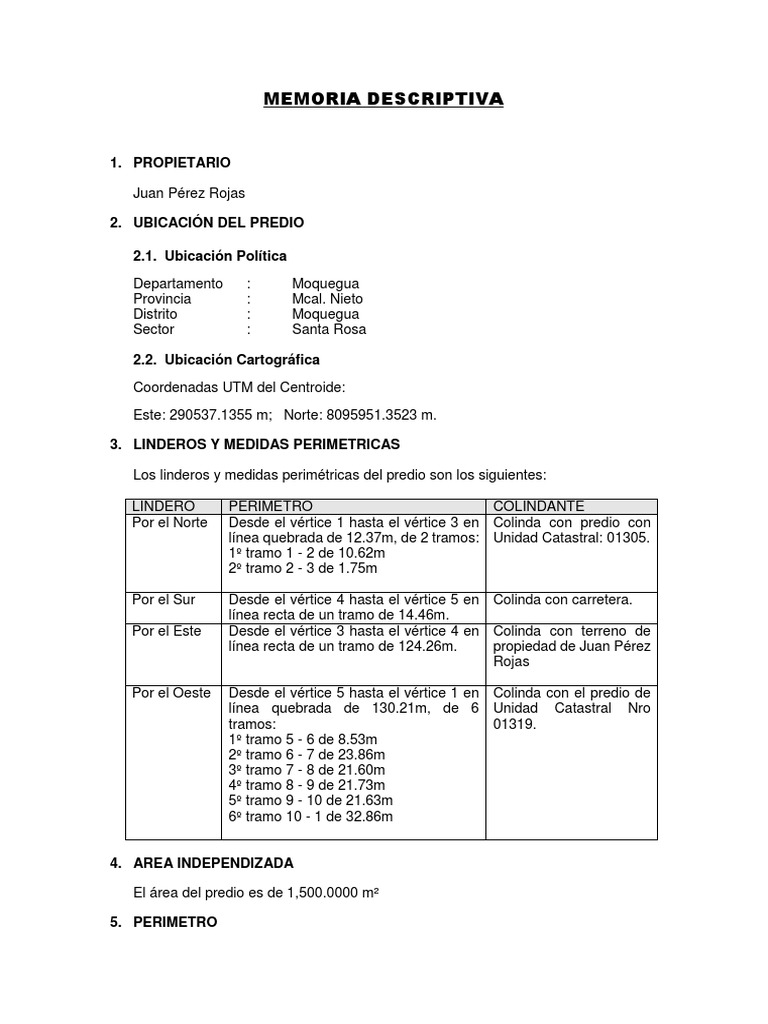 Modelo de Memoria Descriptiva de un Terreno | Geodesia | Geomática