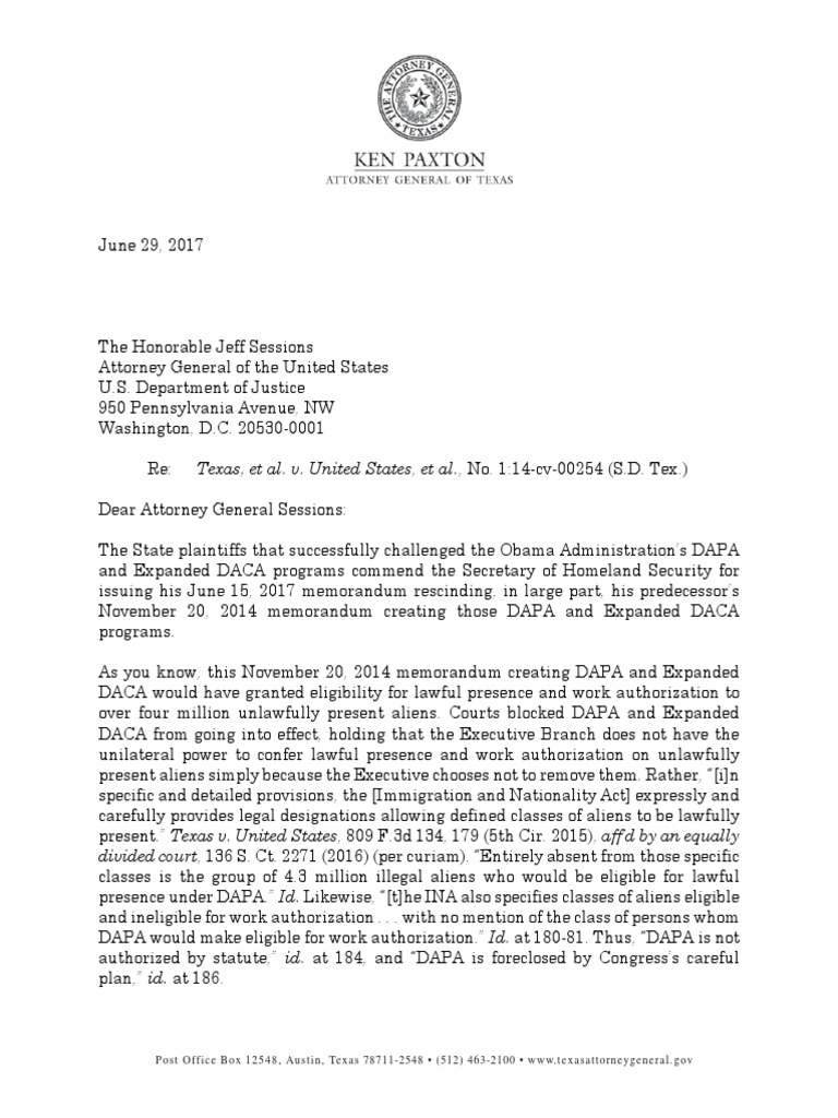 DACA Letter 6 29 2017 | PDF | Immigration Reform | United States Law