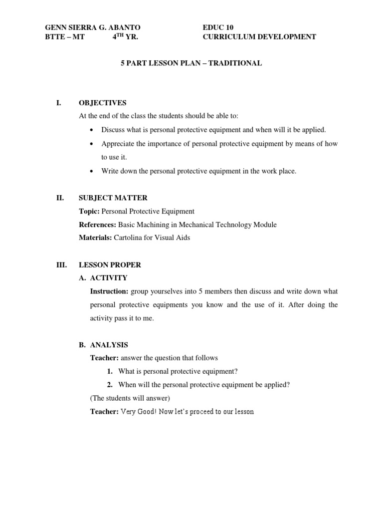 5 Part Lesson Plan Traditional | PDF | Personal Protective Equipment ...