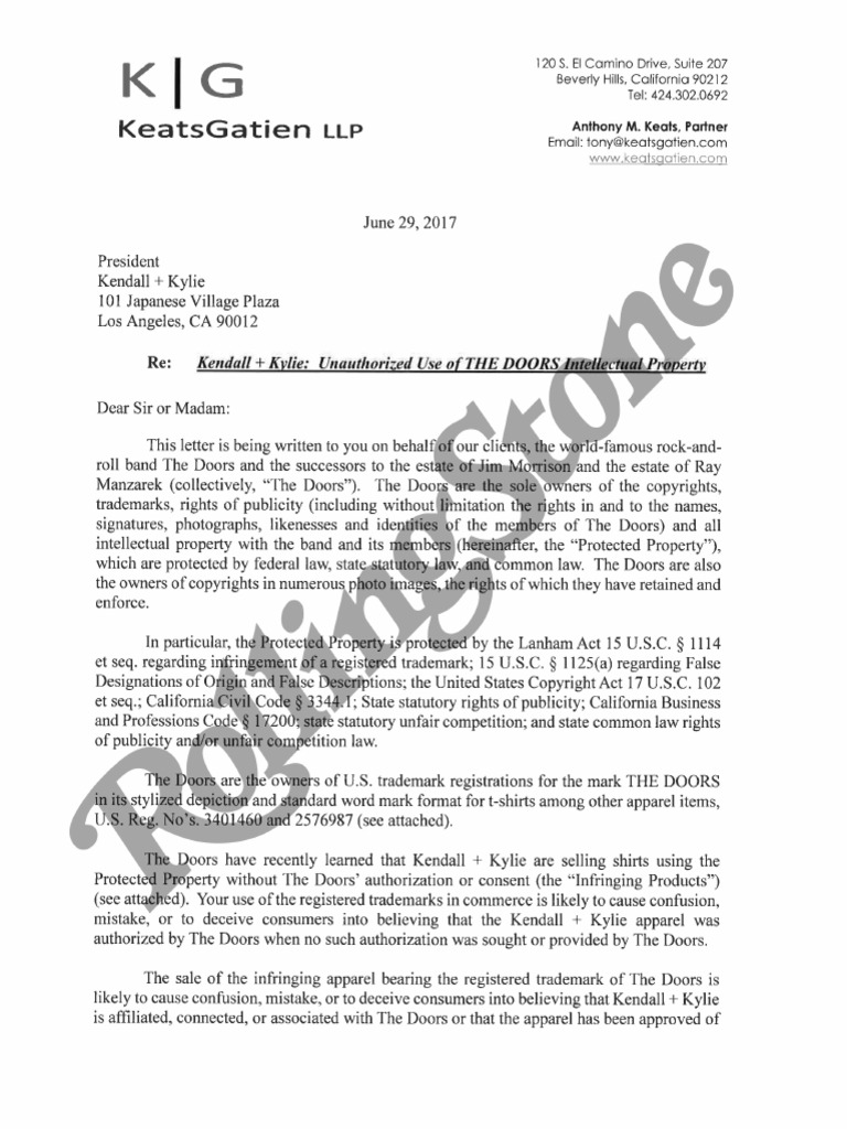 The Doors' Cease-and-Desist Letter To Kendall and Kylie Jenner | PDF