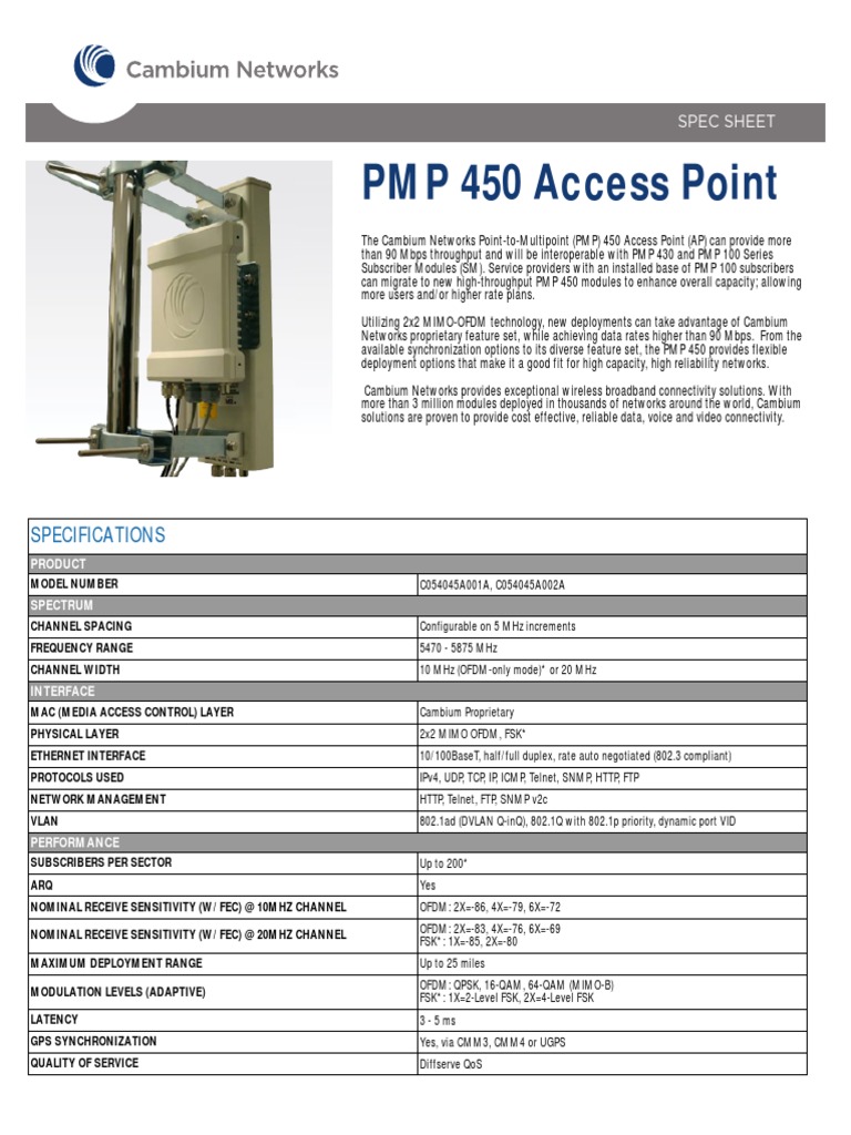 Cambium Networks PMP 450 Access Point Specification | PDF | Orthogonal ...