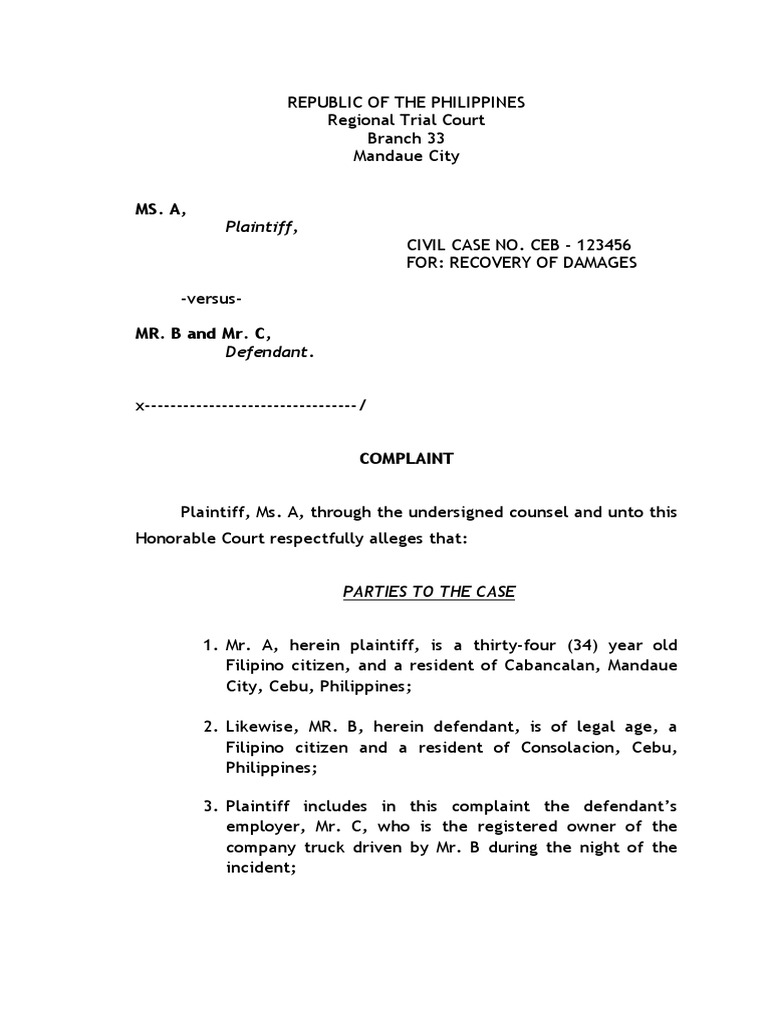 SAMPLE Complaint For Damages | PDF | Damages | Plaintiff