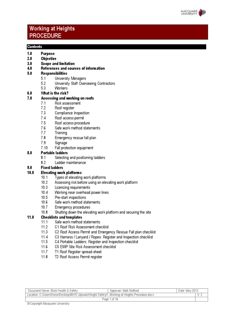 Working at Heights Procedure | PDF | Safety | Wellness