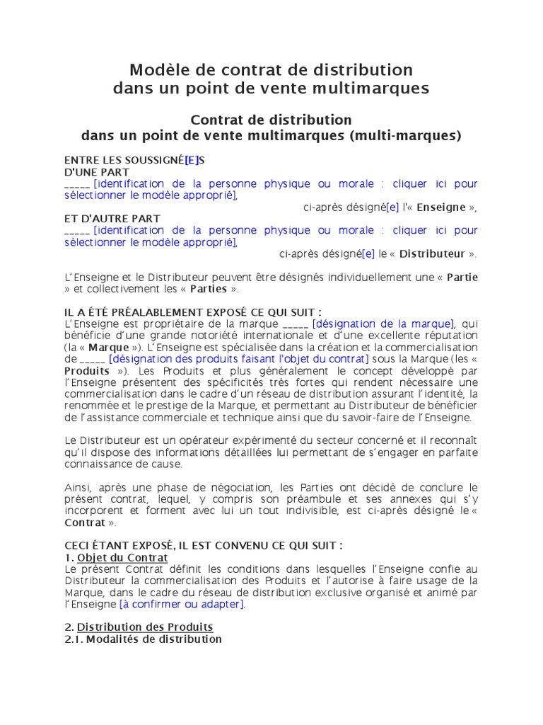 Modèle Contrat de Distribution | PDF | Distribution (Affaires) | Marque ...