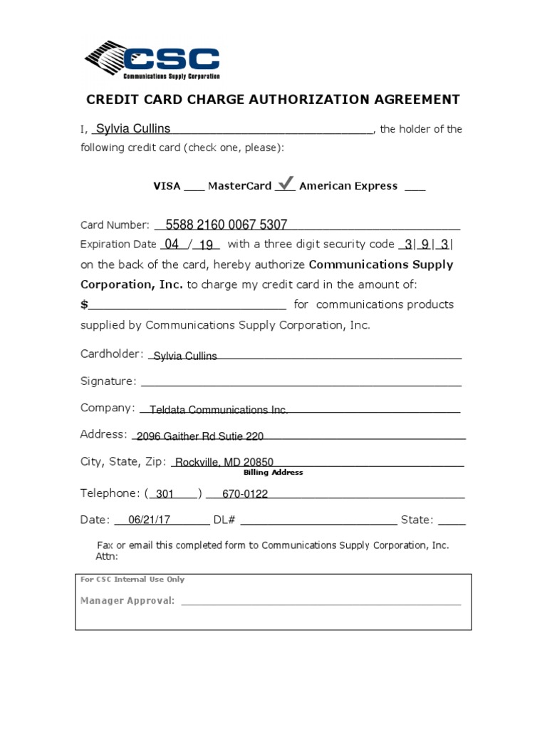 CSC Credit Card Authorization Form PDF | PDF