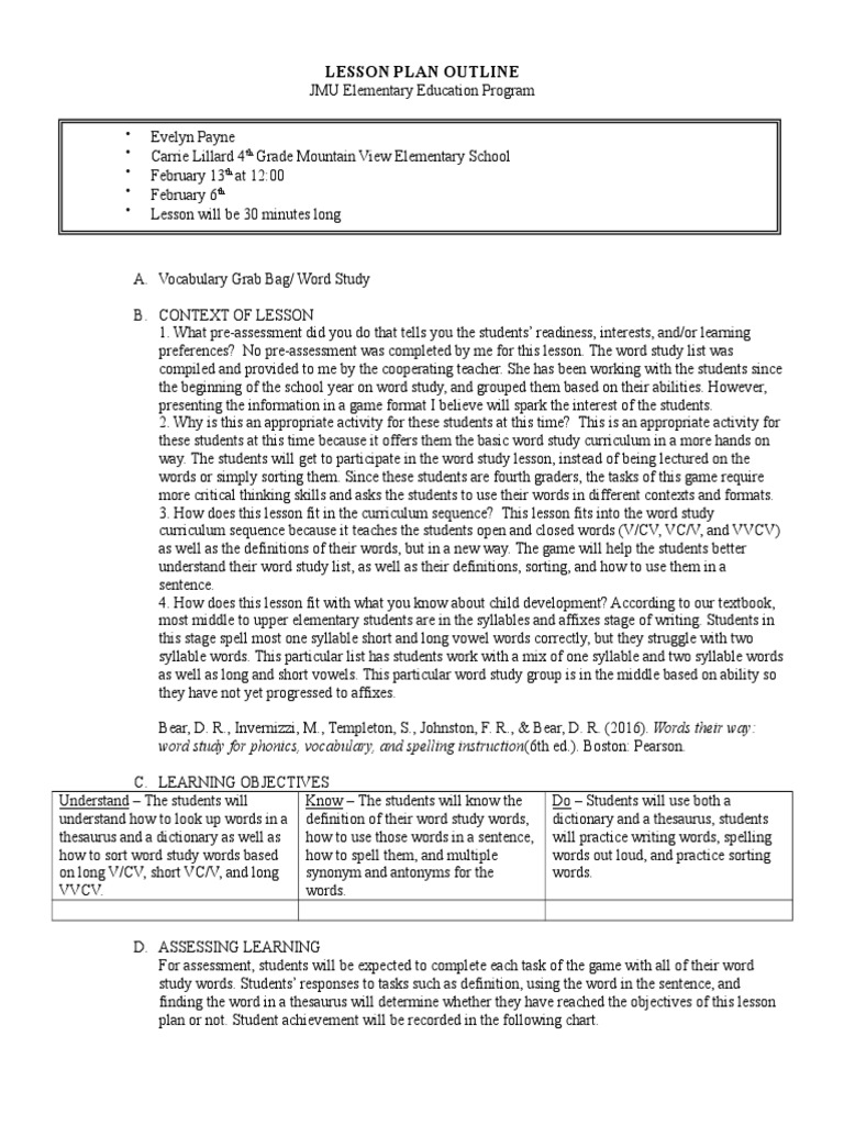 Word Study Lesson Plan Vocabulary Grab Bag | PDF | Lesson Plan ...