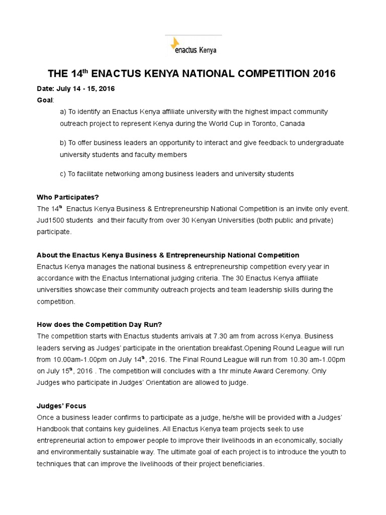 Enactus Kenya Judges Brief | PDF | Business | Social Science