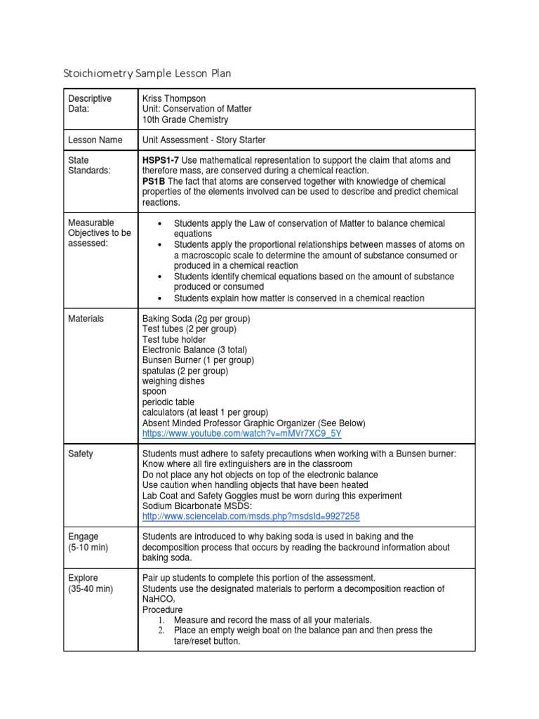 Sample Lesson Plan Stoichiometry | PDF | Sodium Bicarbonate | Chemistry