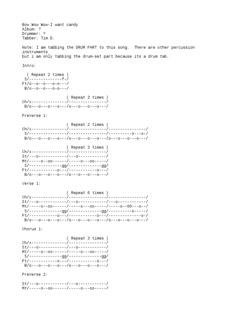 I Want Candy Drum Tab | PDF | Percussion Instruments | Rhythm And Meter