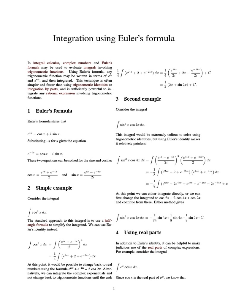 Integration Using Eulers Formula Pdf Trigonometric Functions Sine