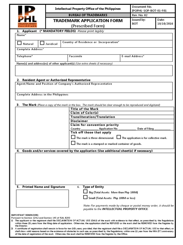 TM Application Form 101016 PDF | PDF | Trademark | Intellectual Property