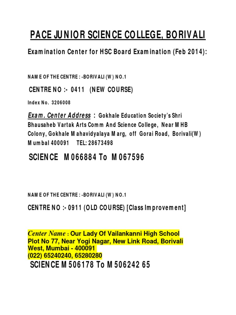Pace Junior Science College, Borivali: SCIENCE M066884 To M067596 | PDF