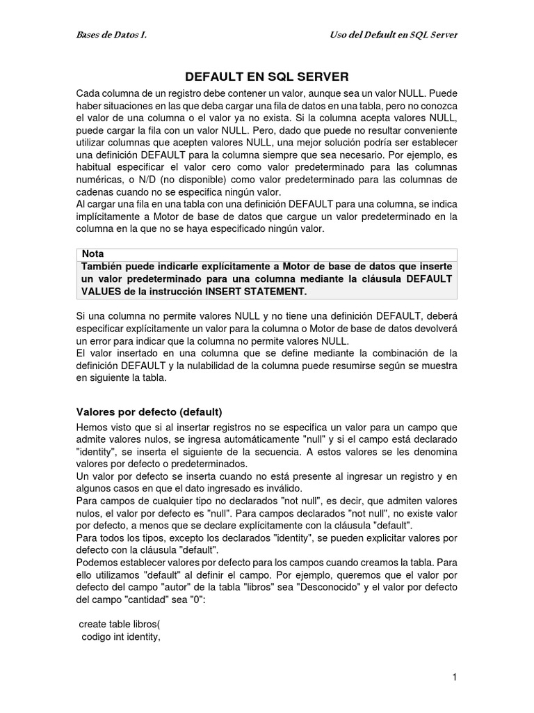 Default en SQL Server | PDF | Tabla (base de datos) | Servidor SQL de Microsoft