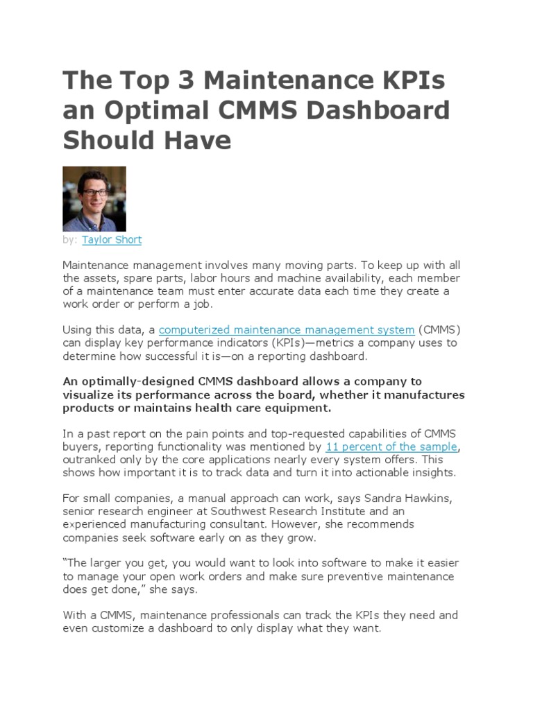 Key KPIs for CMMS Dashboards | PDF | Performance Indicator | Software